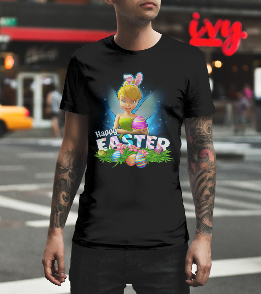 TINKER BELL Happy Easter With Colorful Eggs And Flowers T-Shirt
