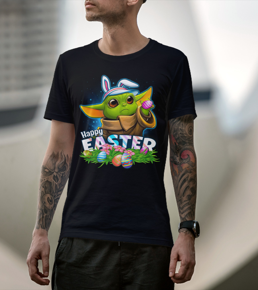 Happy Easter Yoda Baby With Bunny Ears And Colorful Eggs T-Shirt