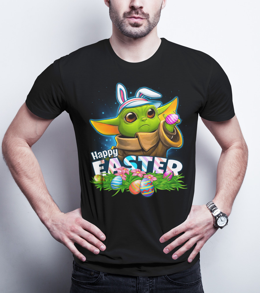 Happy Easter Yoda Baby With Bunny Ears And Colorful Eggs T-Shirt