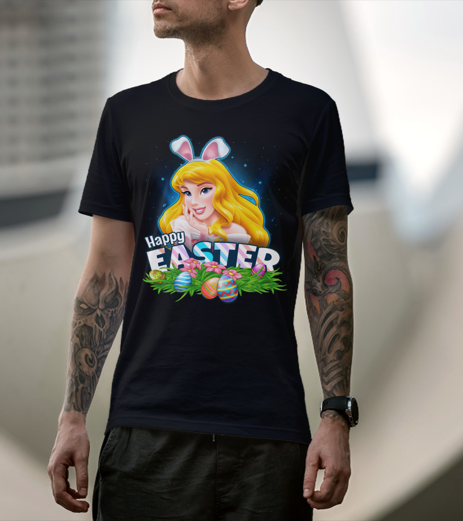 Happy Easter Aurora Bunny Ears With Colorful Eggs And Flowers T-Shirt