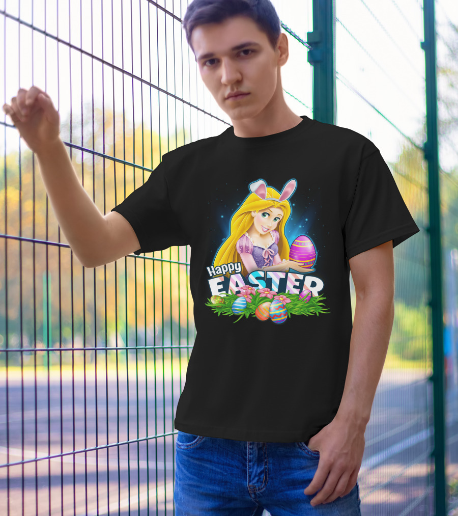 RAPUNZEL Happy Easter Bunny Ears Colorful Eggs Flower Patch T-Shirt