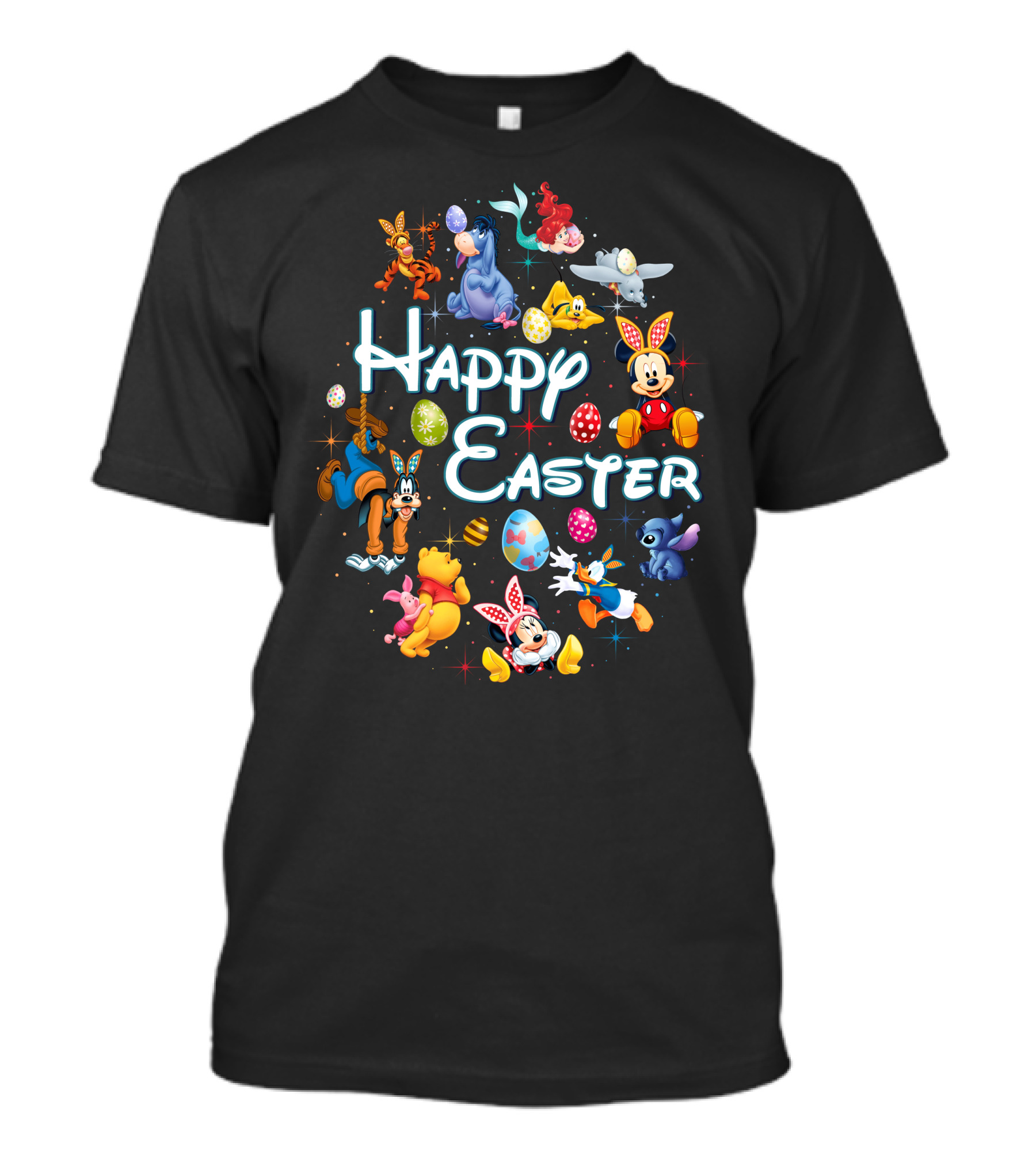 Happy Easter Disney Characters Mickey Minnie Pooh Stitch Dumbo Ariel Tigger Goofy Eeyore Eggs T-Shirt