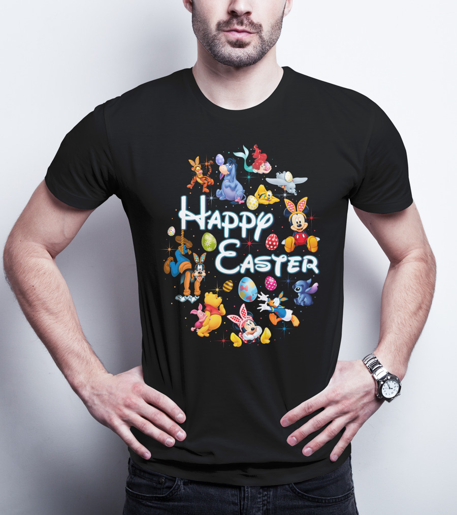 Happy Easter Disney Characters Mickey Minnie Pooh Stitch Dumbo Ariel Tigger Goofy Eeyore Eggs T-Shirt
