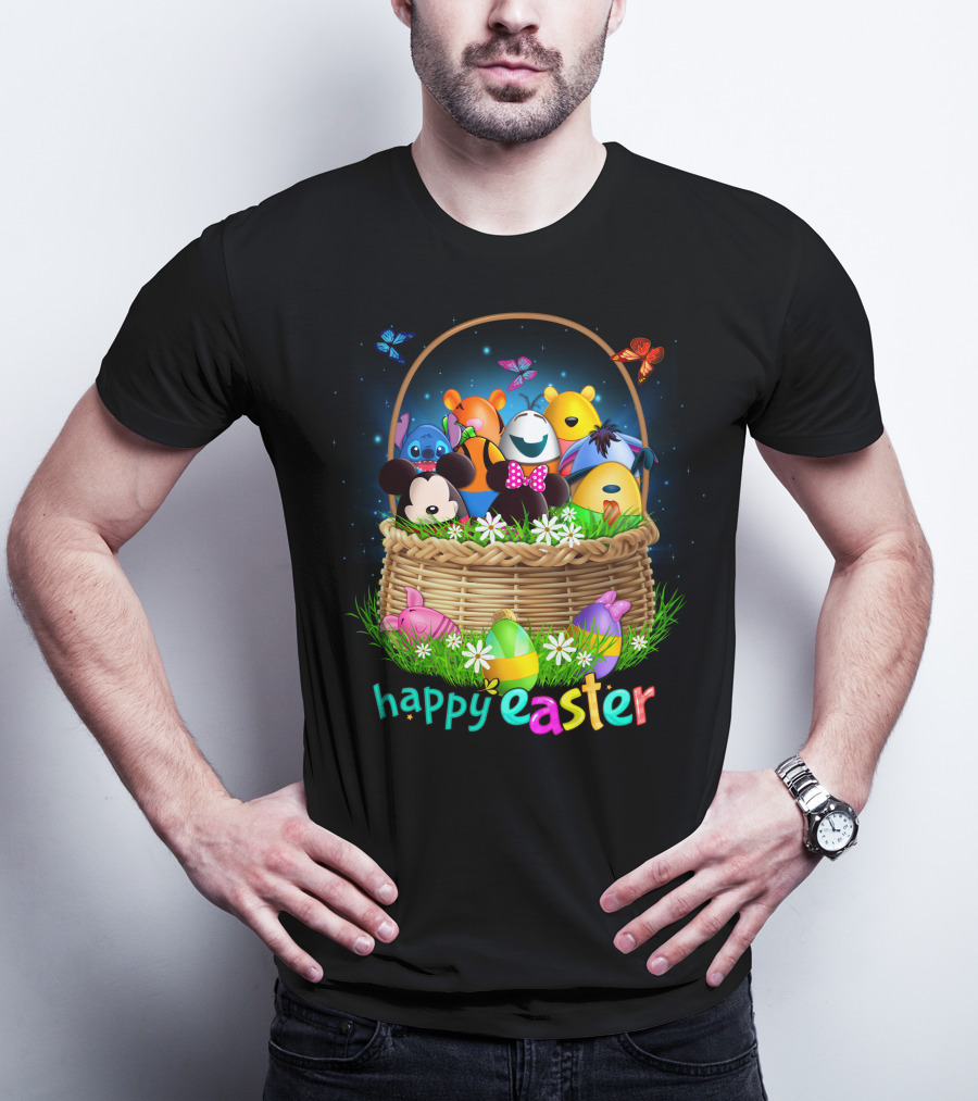 Happy Easter Basket With Colorful Eggs And Characters T-Shirt