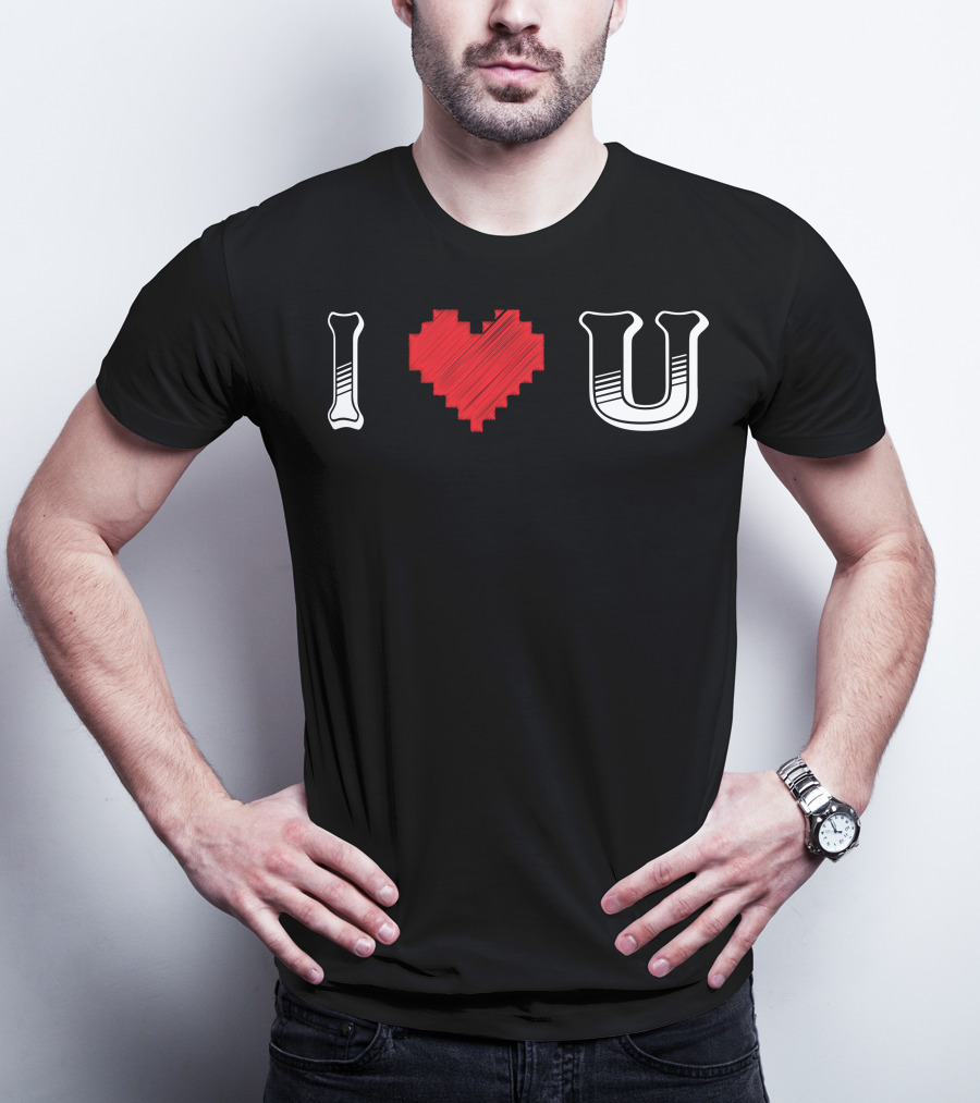 I Heart U Pixel Red Love Text T-Shirt