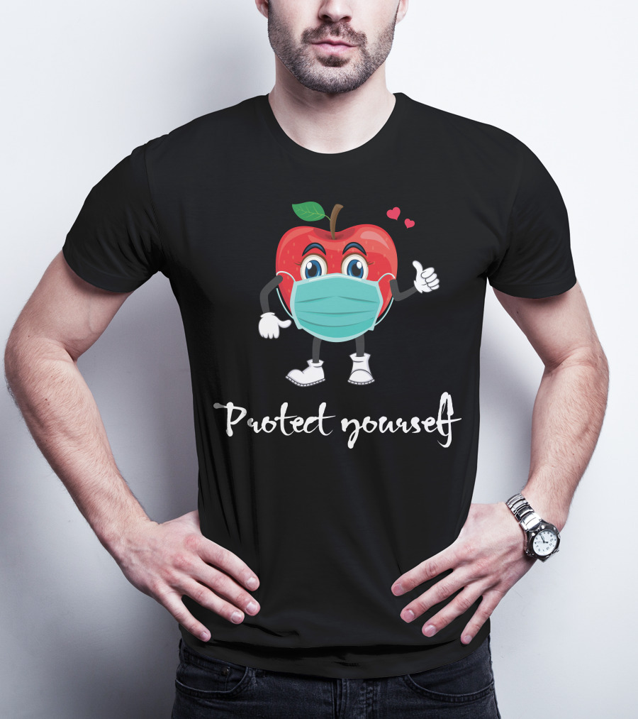 Protect Yourself Masked Apple Cartoon With Hearts T-Shirt