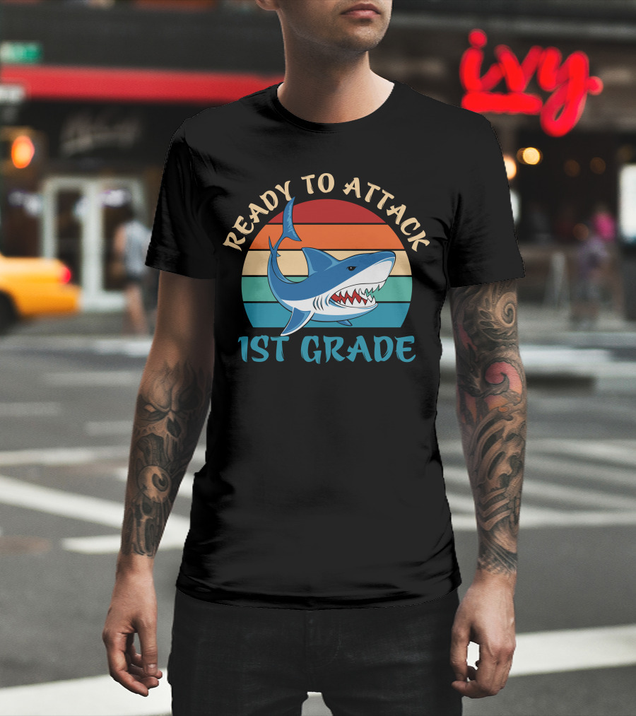 Ready To Attack 1st Grade Shark Retro Stripes T-Shirt