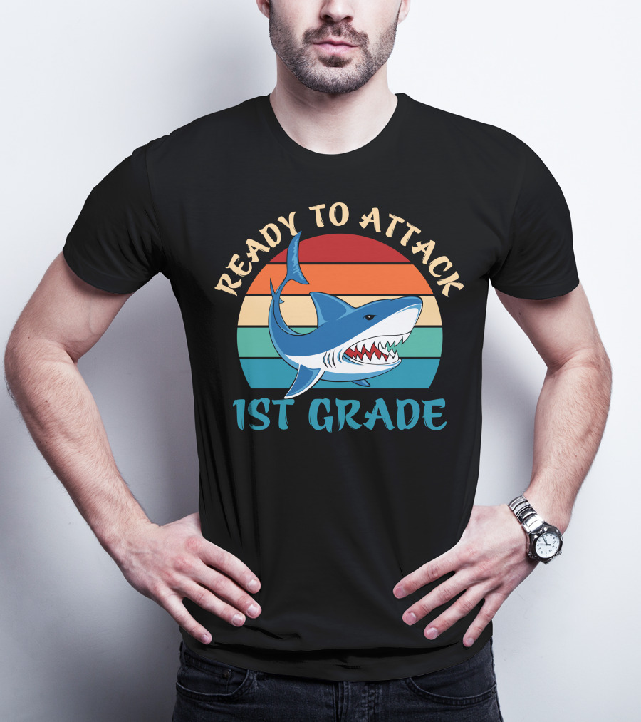 Ready To Attack 1st Grade Shark Retro Stripes T-Shirt