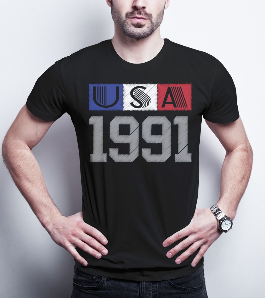 USA 1991 Vintage Graphic Blue White Red Stripes T-Shirt