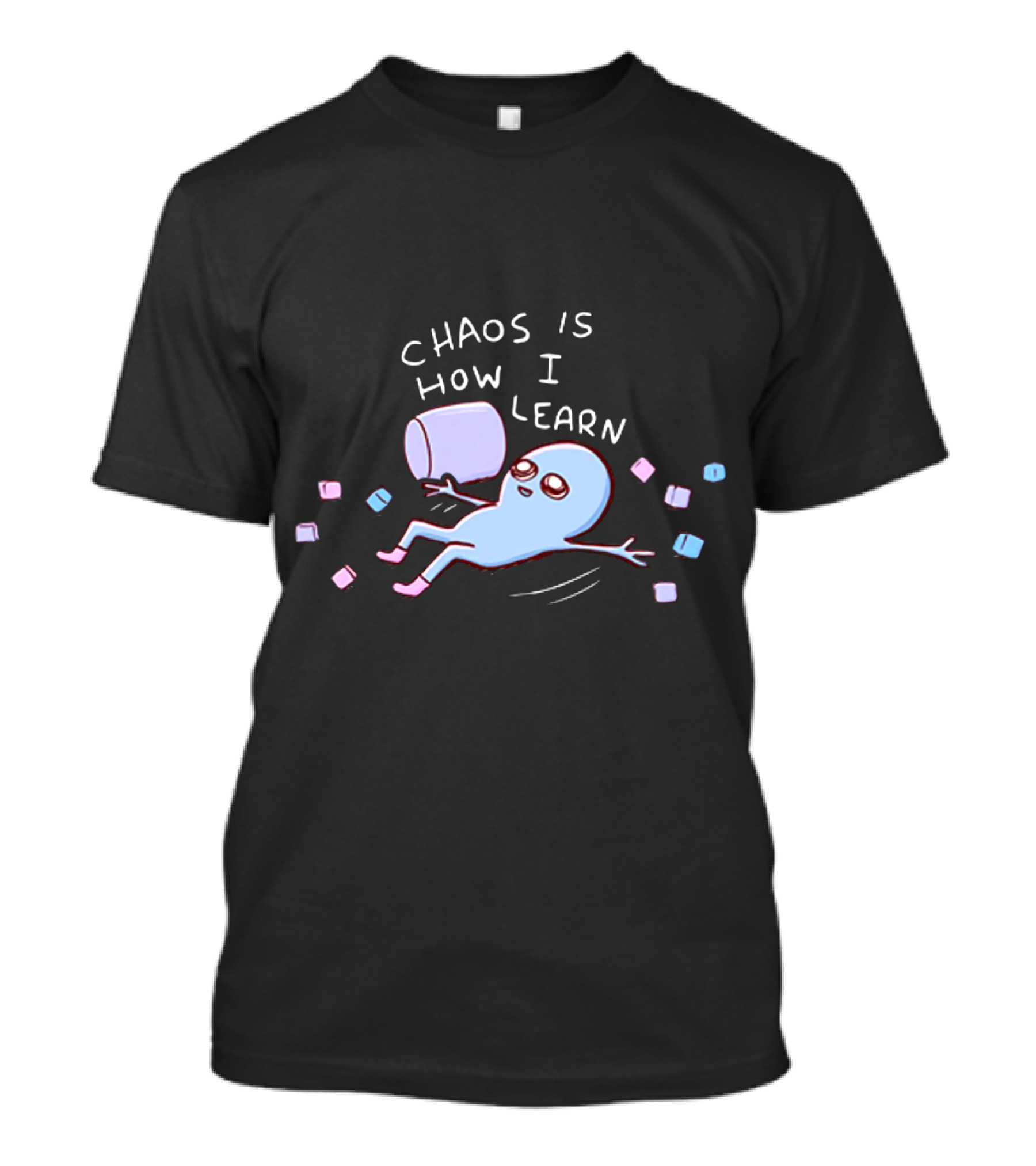 Chaos Is How I Learn Playful Blue Character Relaxing With Marshmallows T-Shirt