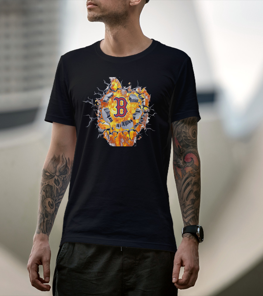 Boston Red Sox B Logo With Cracking Fiery Explosion T-Shirt