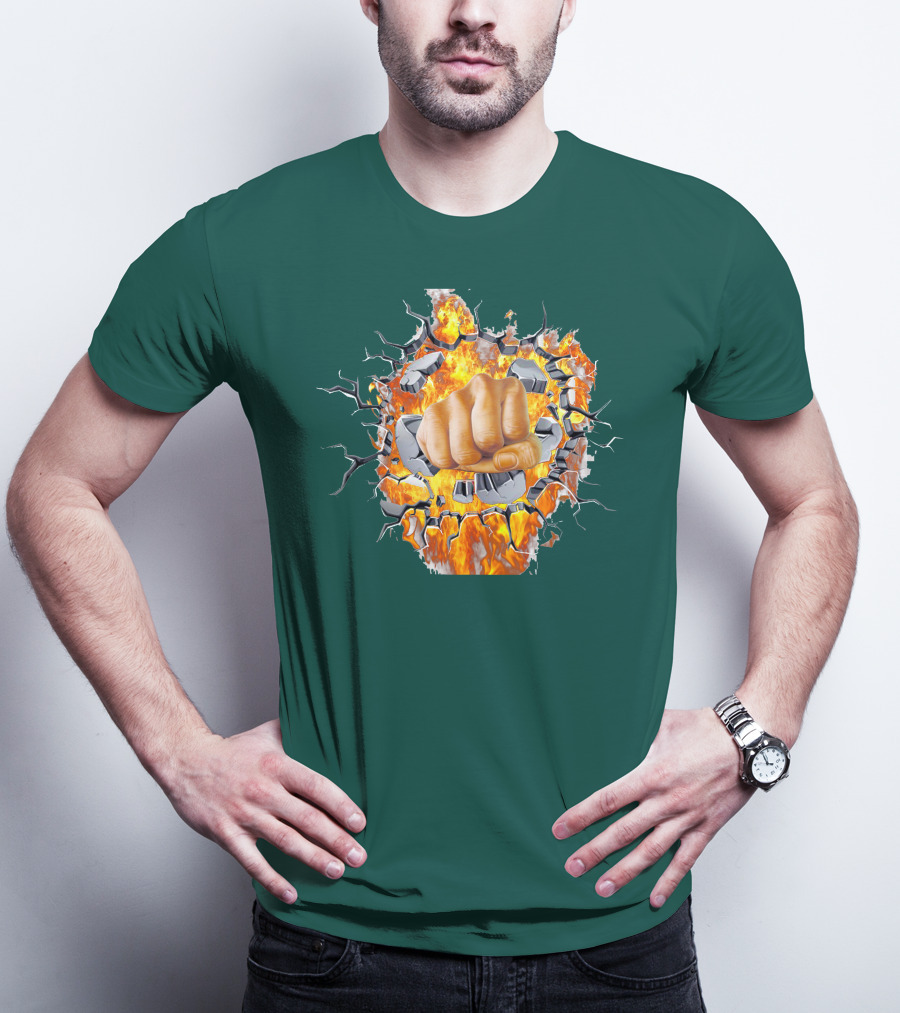 Steel Hands Fist Breaking Through Fiery Wall T-Shirt