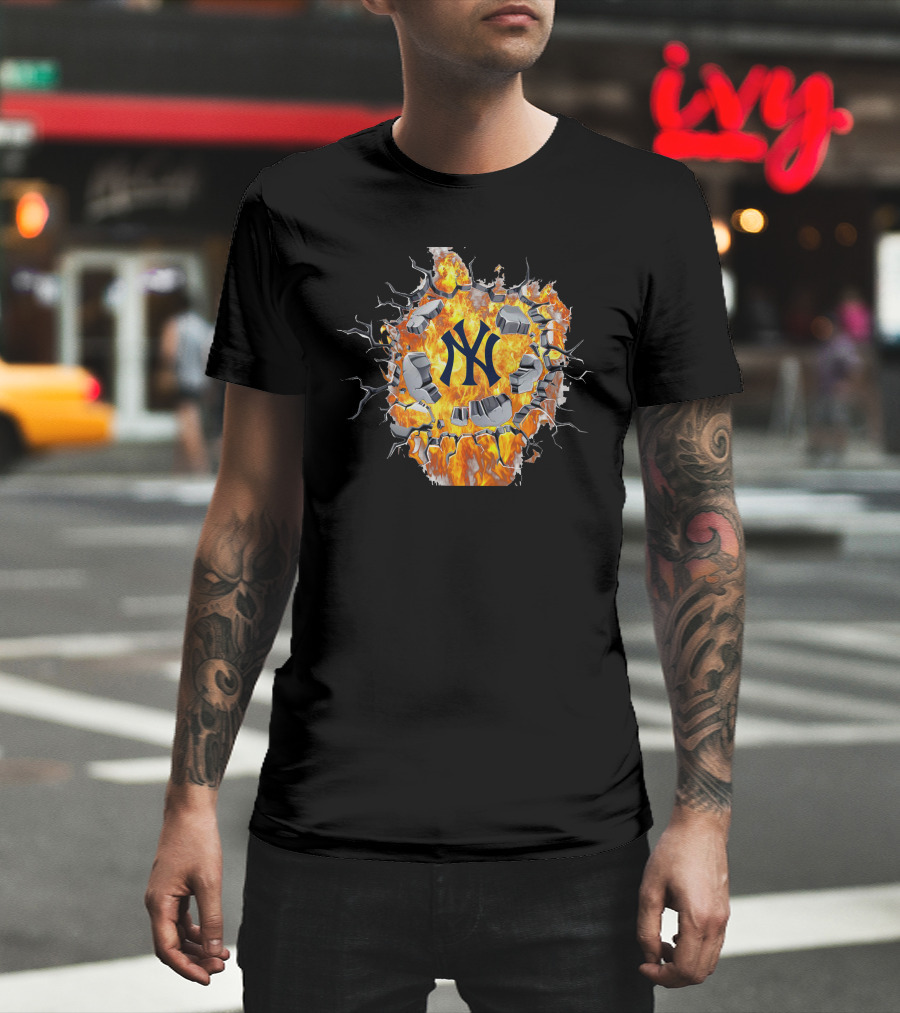 New York Yankees Fiery Logo With Cracked Concrete T-Shirt