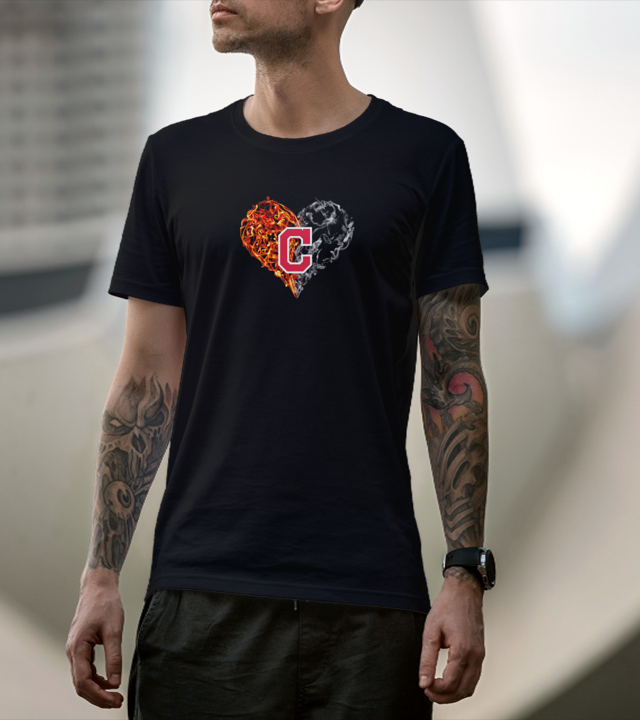 Cleveland Indians C Logo Burning And Smoky Heart T-Shirt