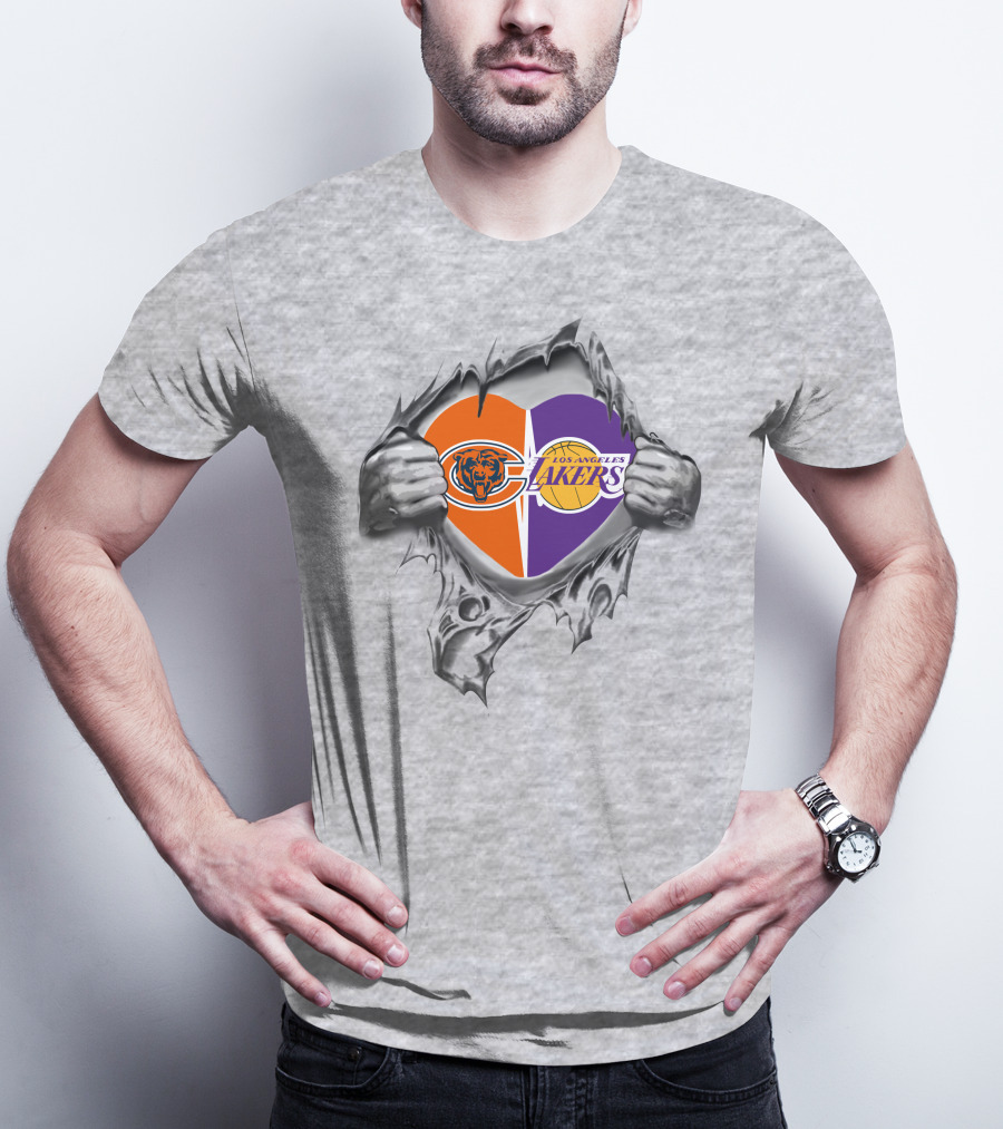Bears And Los Angeles Lakers Logos Combined In Heart Shape Torn T-Shirt