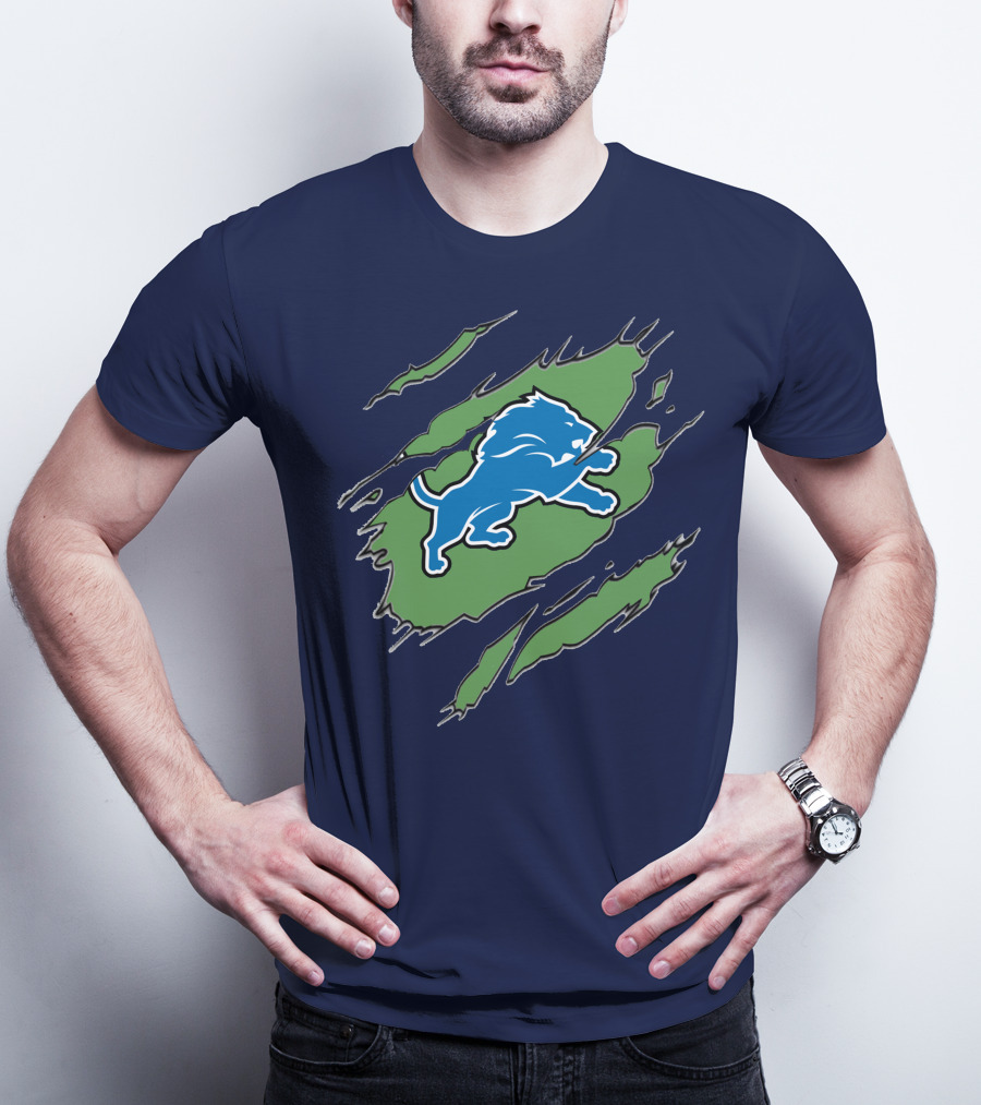 Detroit Lions Blue Roaring Lion With Claw Marks T-Shirt