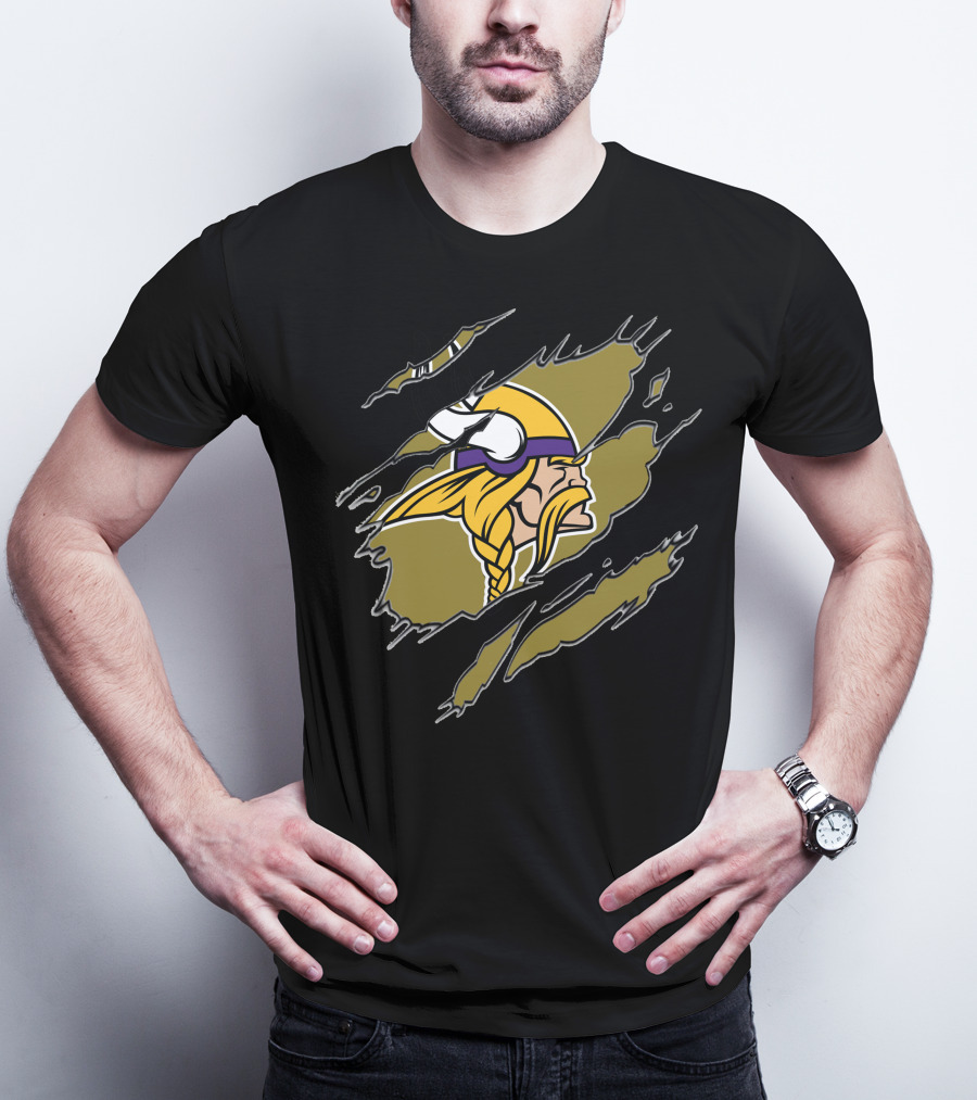 Minnesota Vikings Helmet And Warrior Tear Effect T-Shirt