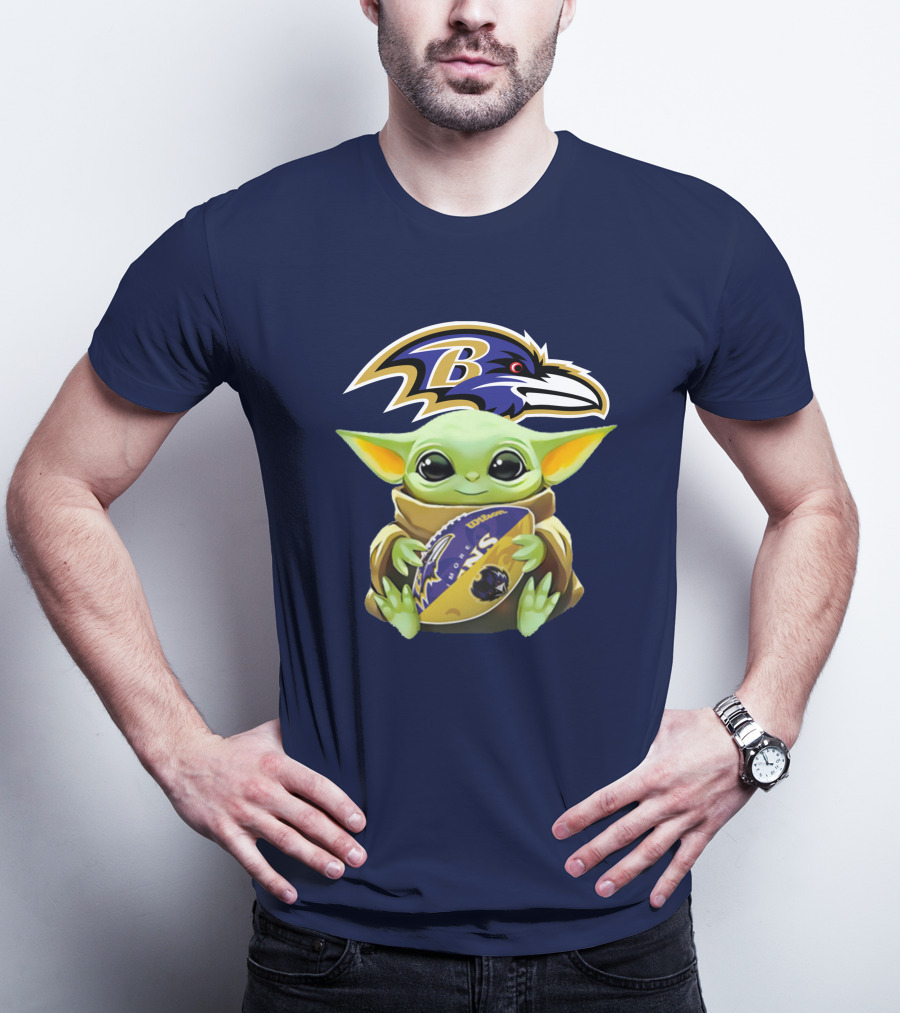 Baltimore Ravens Baby Yoda Holding Football With Team T-Shirt