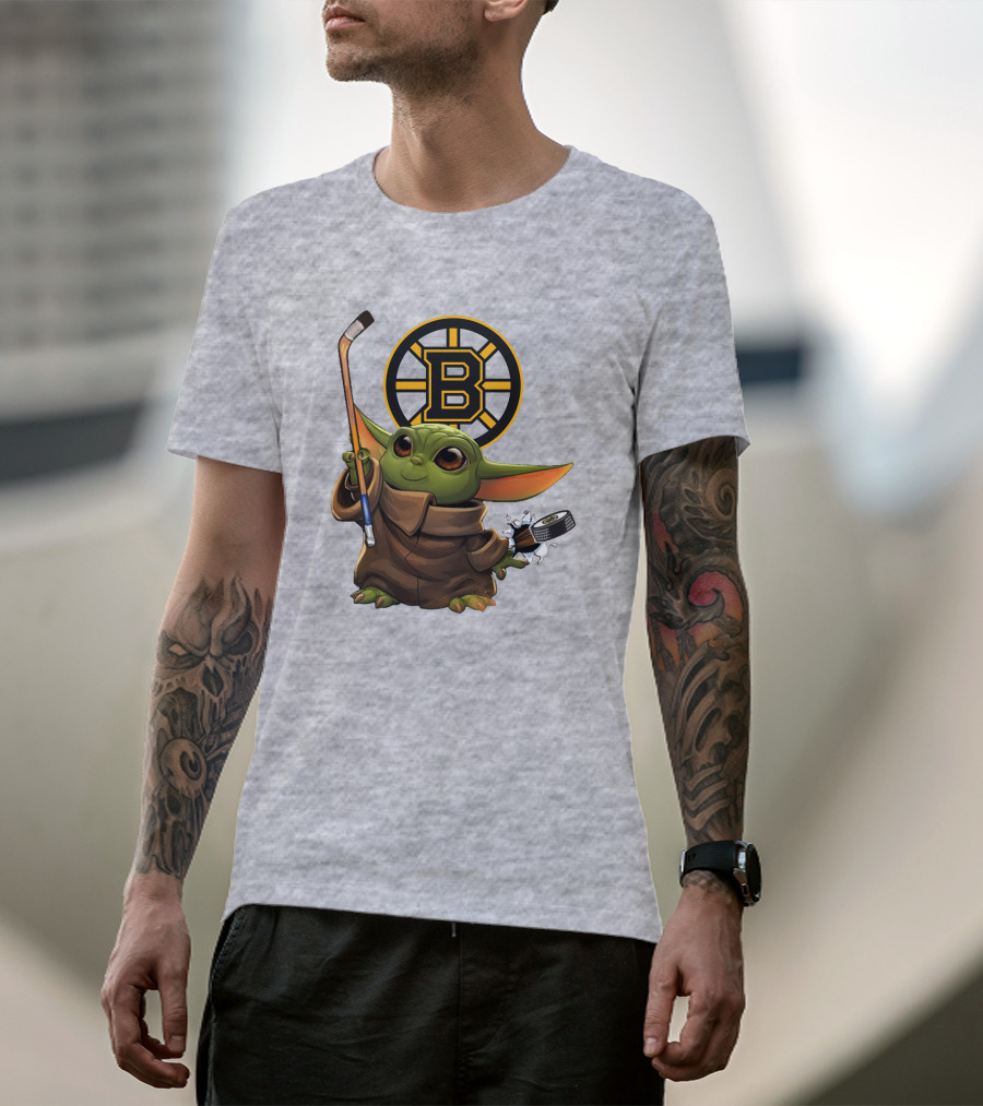 Boston Bruins Baby Yoda Hockey Stick Puck Character T-Shirt