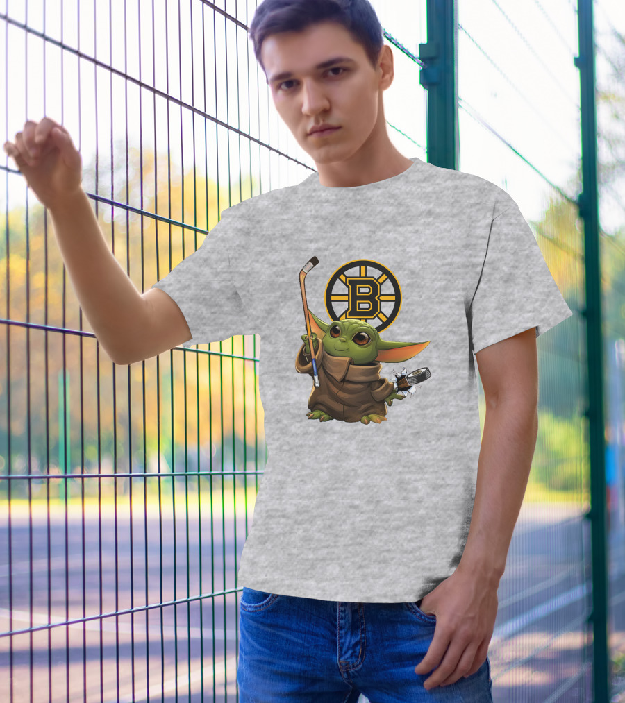Boston Bruins Baby Yoda Hockey Stick Puck Character T-Shirt