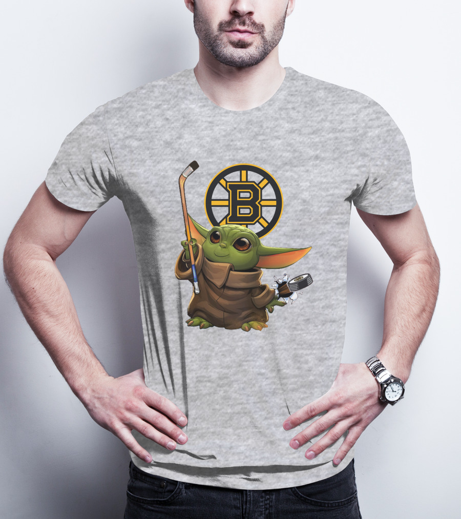 Boston Bruins Baby Yoda Hockey Stick Puck Character T-Shirt