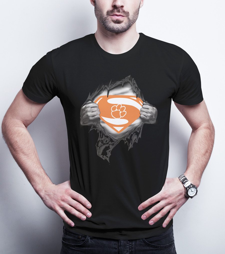 Clemson Super Man Orange Shield With Paw T-Shirt