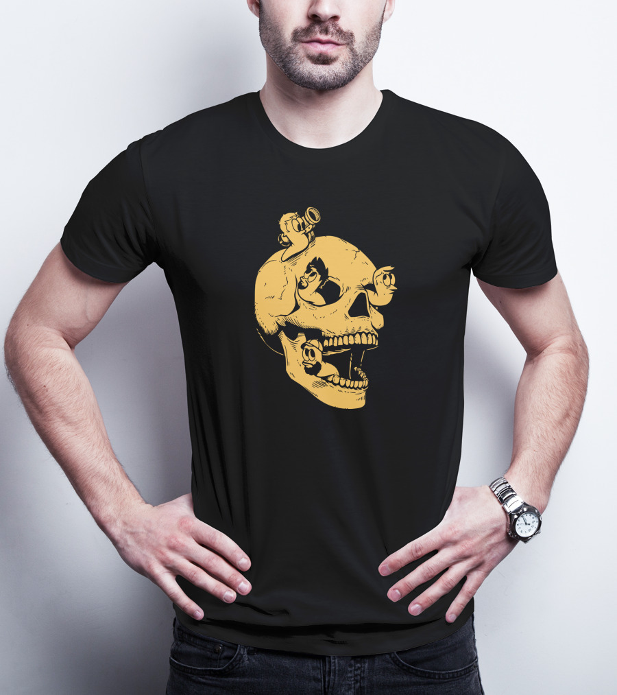 Sweet Skull Gold Variant With Worms And Cartoon Characters T-Shirt