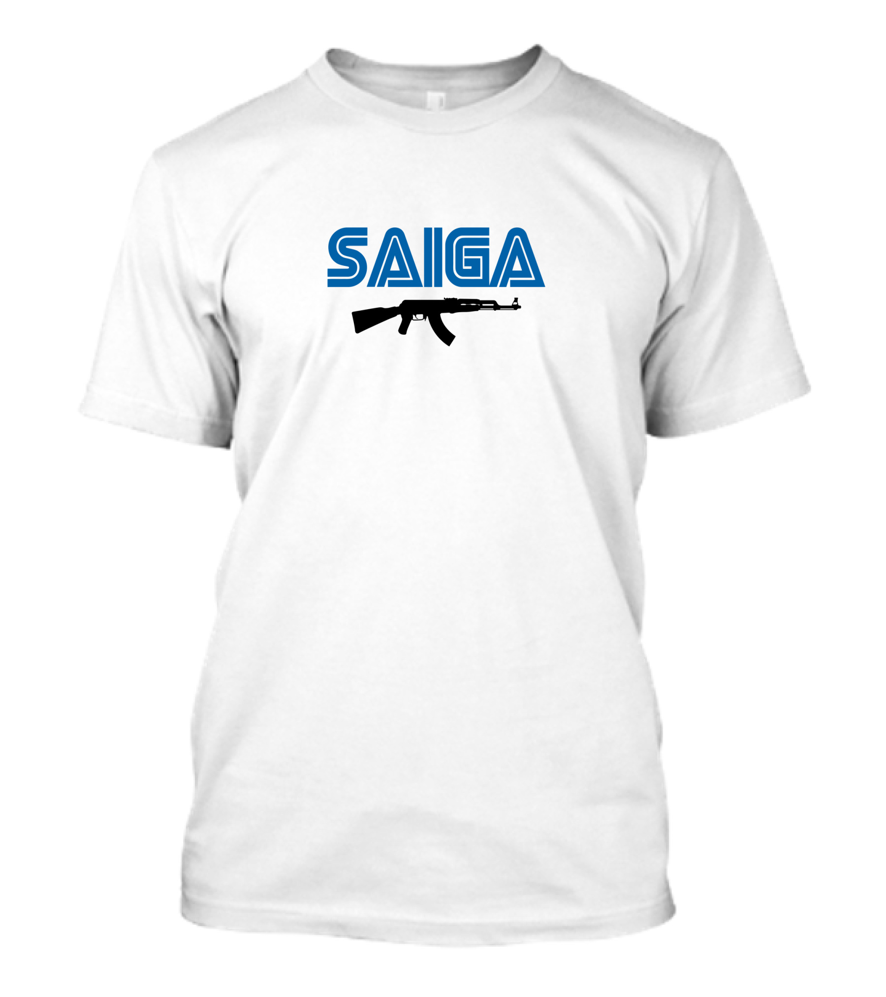 SAIGA AK47 Rifle Bold Blue Text T-Shirt