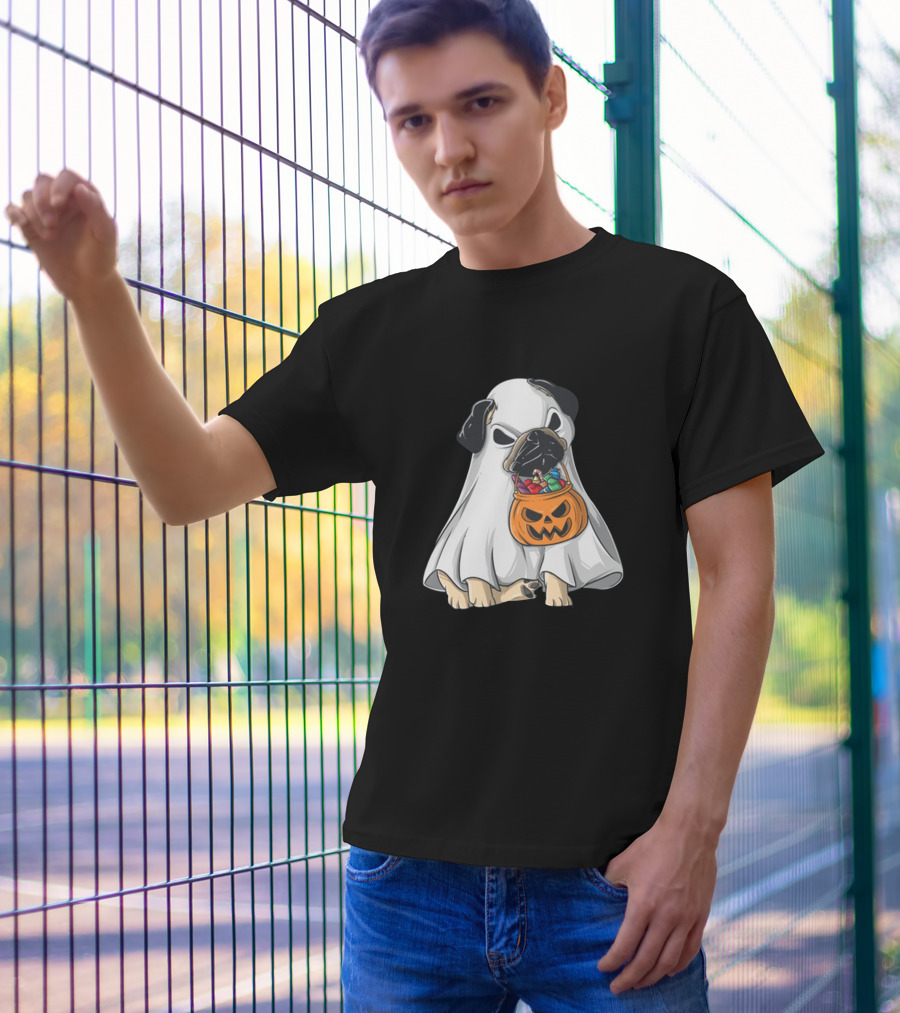 Bestee Shops Ghost Pug With Halloween Candy Bucket T-Shirt