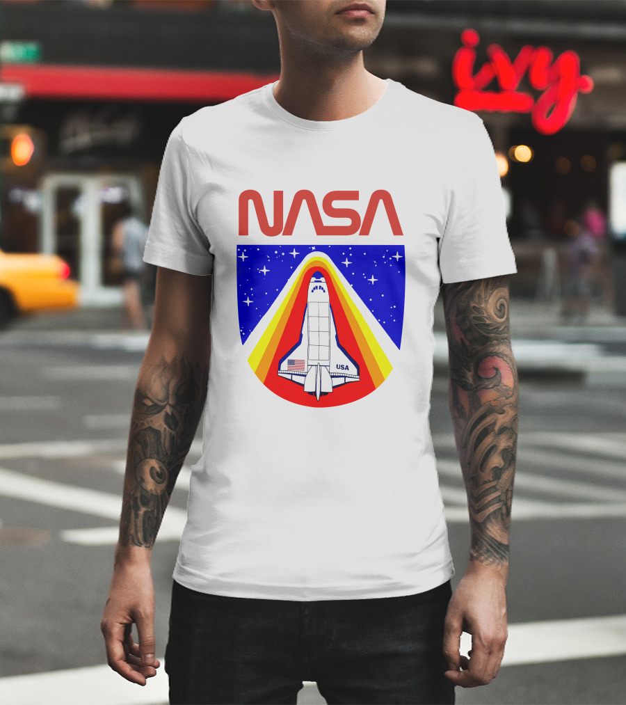 NASA Red Spaceship Emblem With Stars And Rainbow Trail T-Shirt