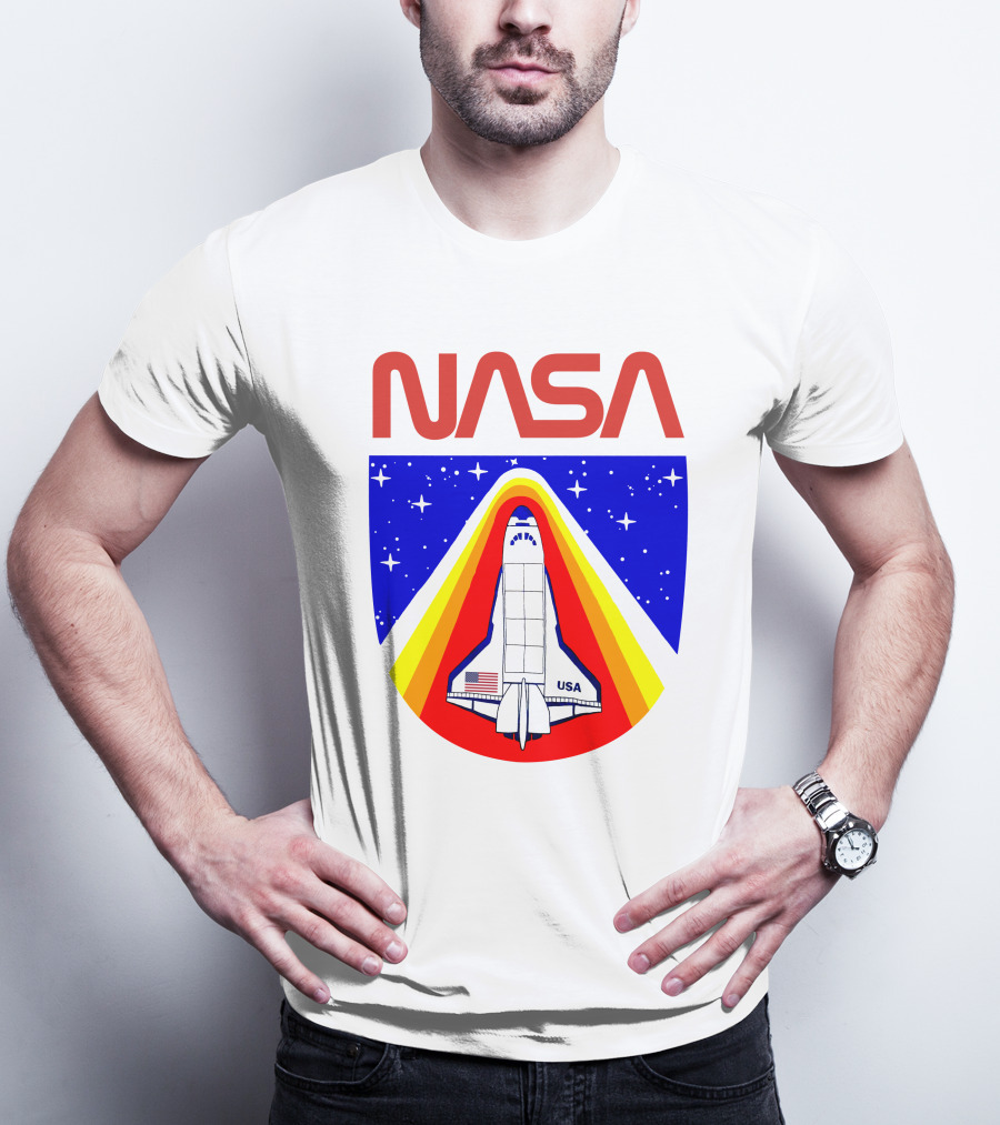 NASA Red Spaceship Emblem With Stars And Rainbow Trail T-Shirt