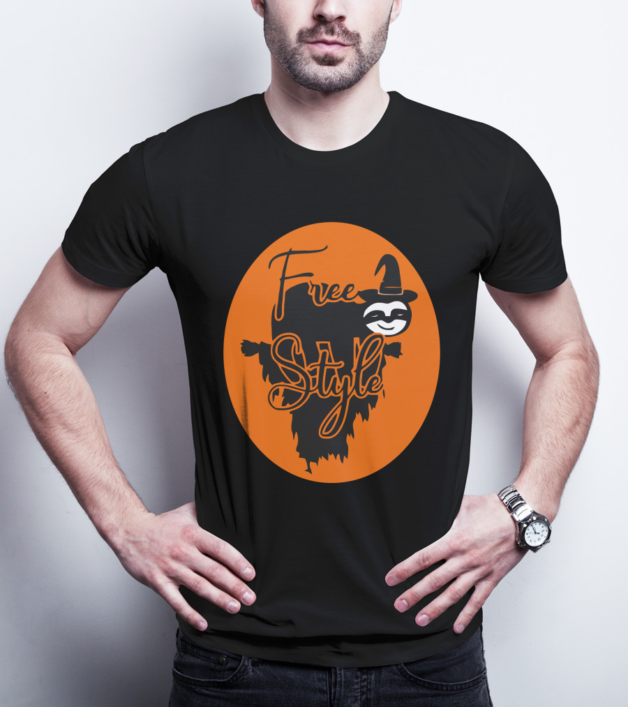 Free Style Halloween Sloth With Witch Hat In Orange Oval T-Shirt