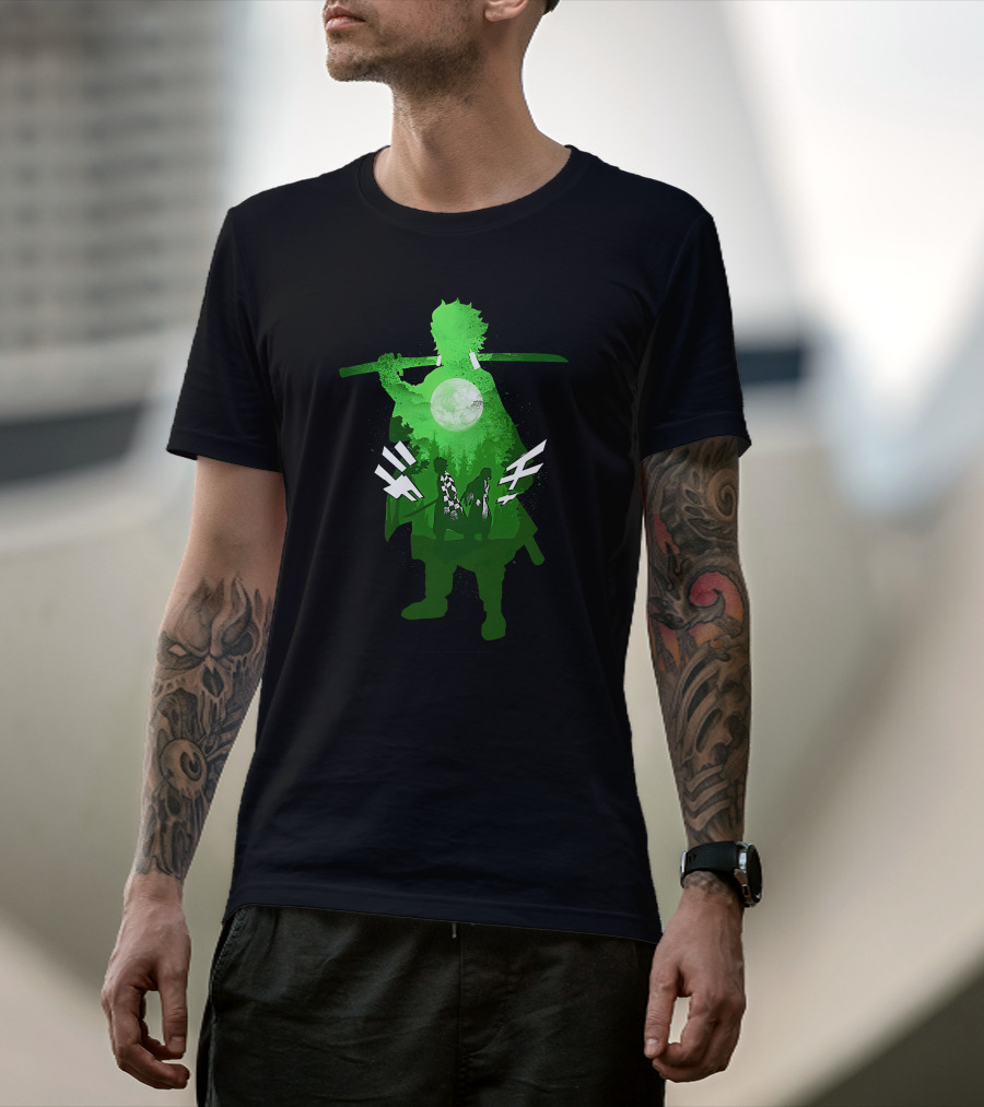 Demon Slayer Anime Tanjiro Kamado Green Silhouette With Moon And Sword T-Shirt