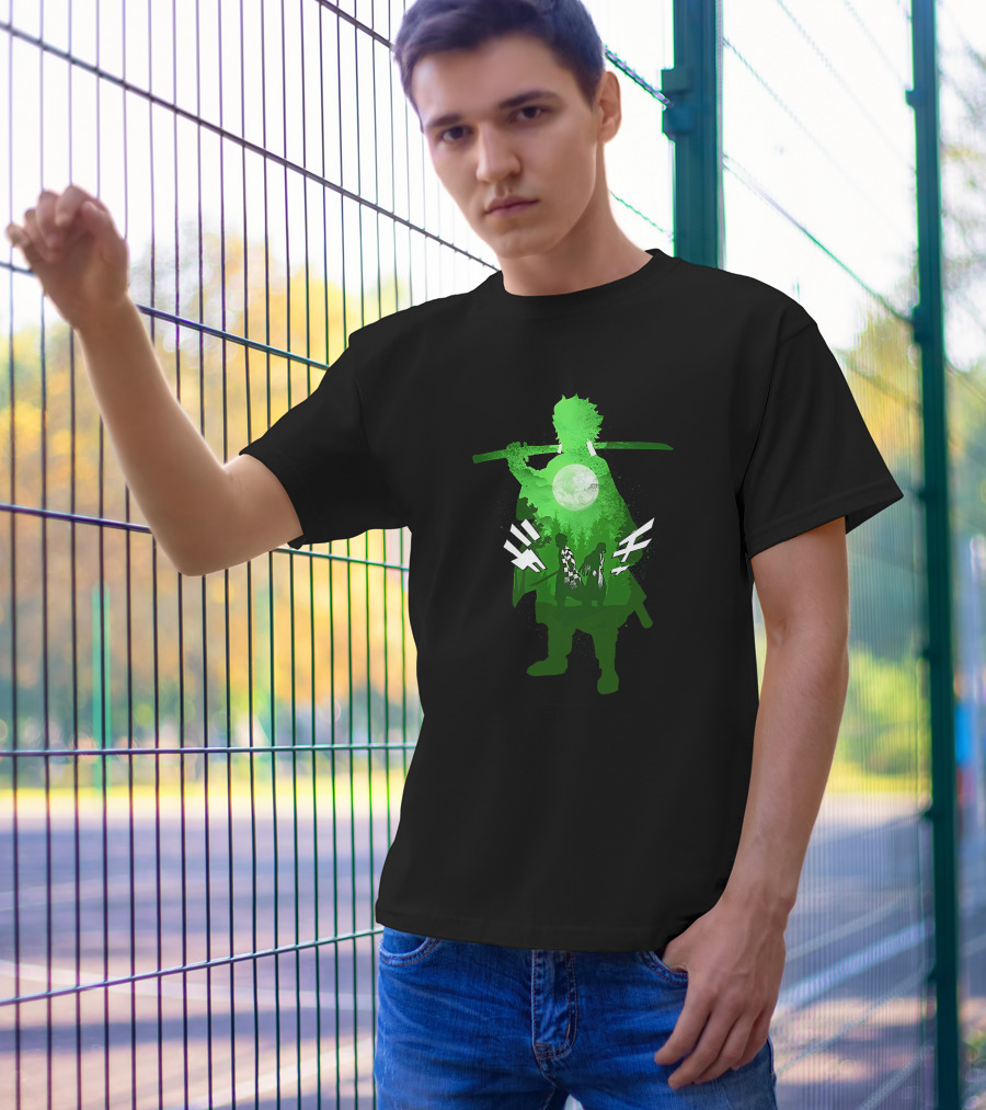 Demon Slayer Anime Tanjiro Kamado Green Silhouette With Moon And Sword T-Shirt
