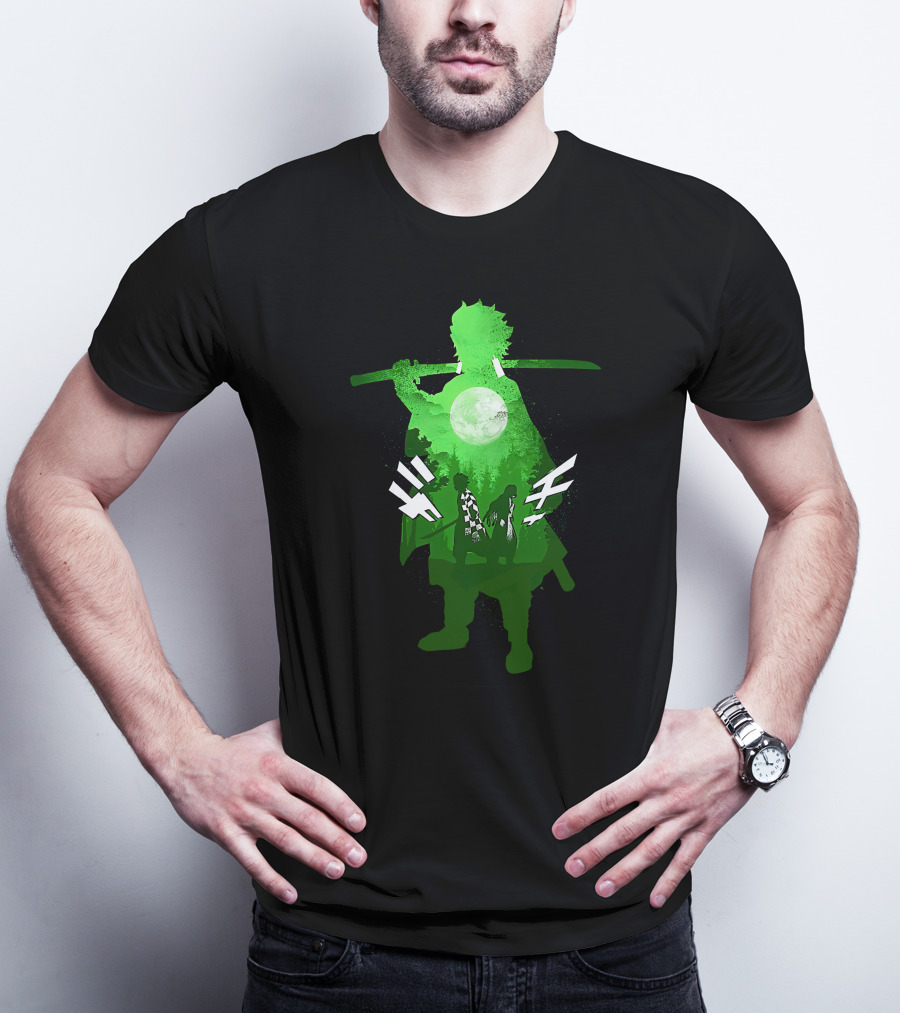 Demon Slayer Anime Tanjiro Kamado Green Silhouette With Moon And Sword T-Shirt