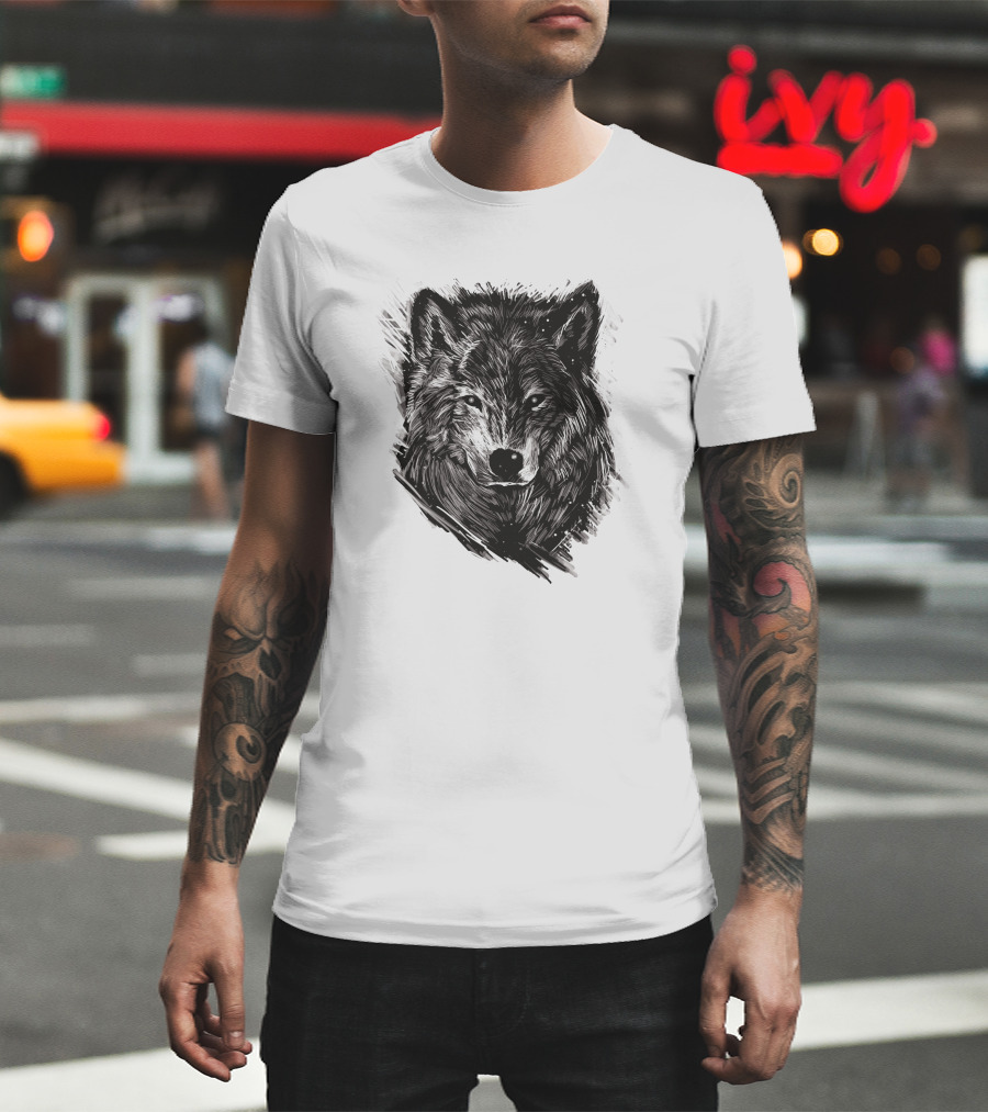 Wolf Sketch Black And White Drawing T-Shirt