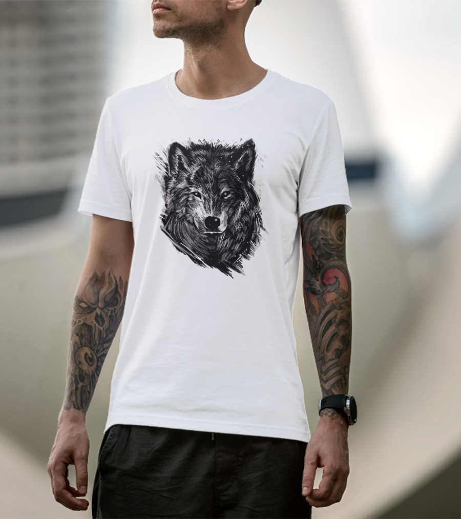 Wolf Sketch Black And White Drawing T-Shirt