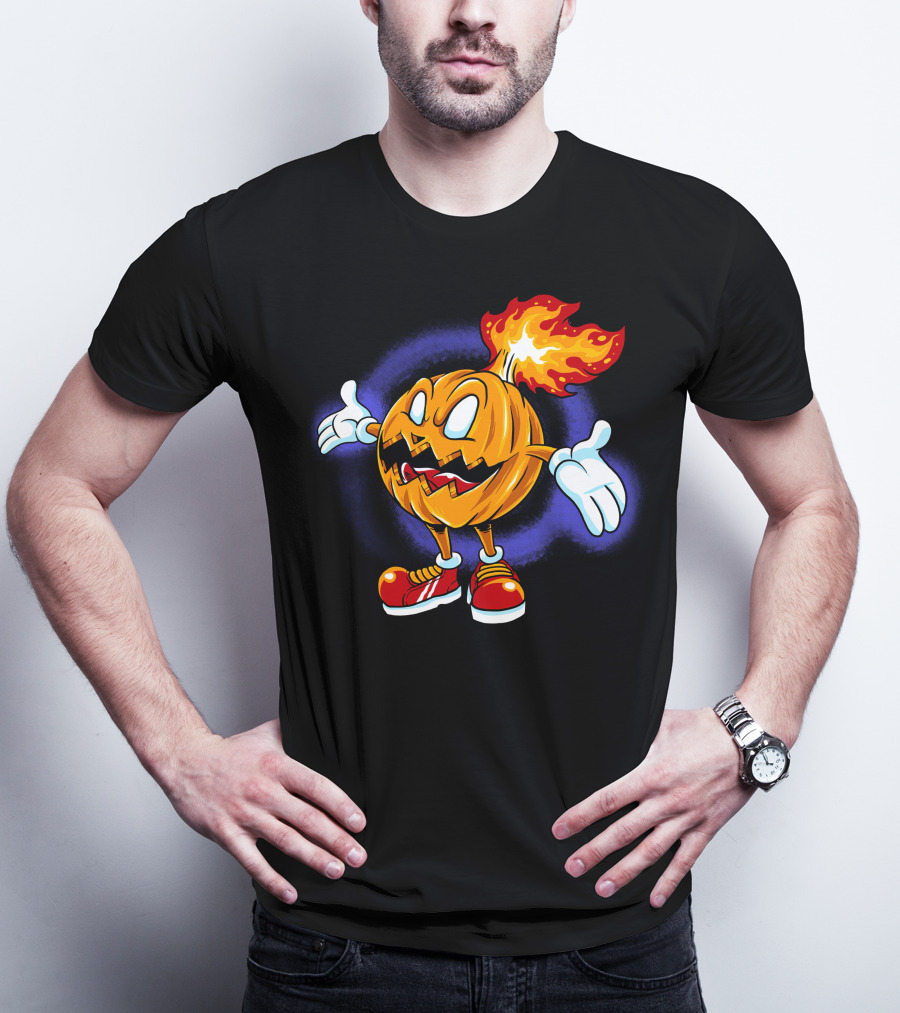 Halloween Pumpkin Fiery Character With Sneakers T-Shirt