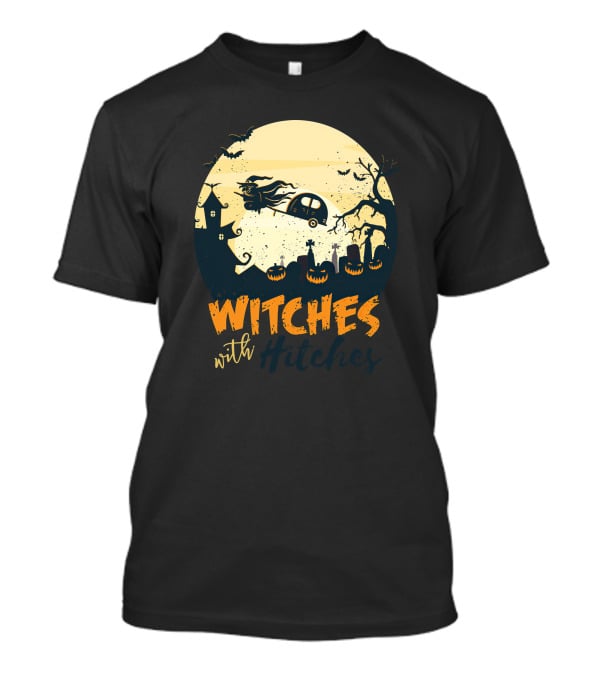 Witches With Hitches Halloween Camper Scene With Flying Broomstick And Spooky Graveyard T-Shirt