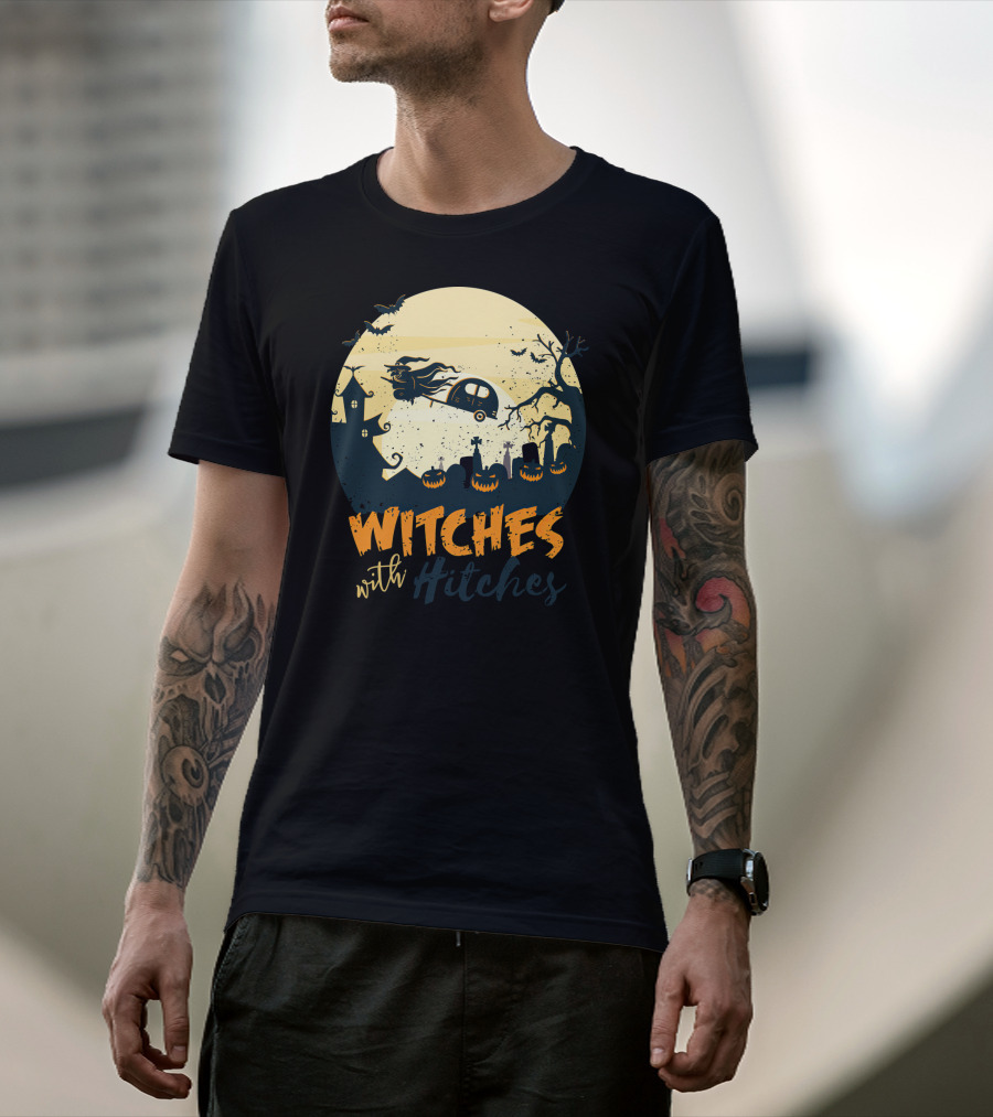 Witches With Hitches Halloween Camper Scene With Flying Broomstick And Spooky Graveyard T-Shirt