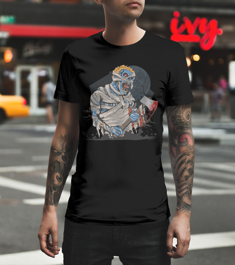 Zombie With Bloody Axe And Tattered Mummy Wrappings Under Full Moon T-Shirt