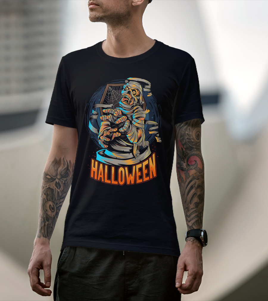 Halloween Scary Mummy With Web And Coffin T-Shirt