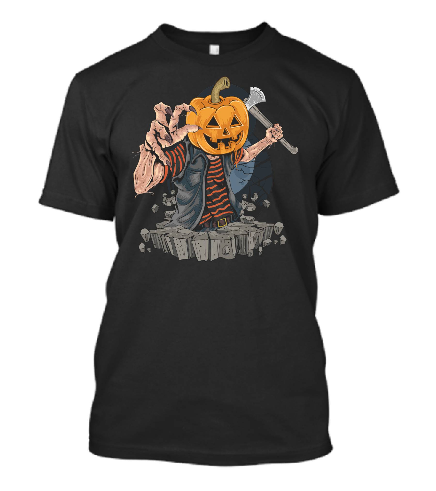 Pumpkin Head Zombie With Axe And Striped Shirt Emerging From Ground T-Shirt