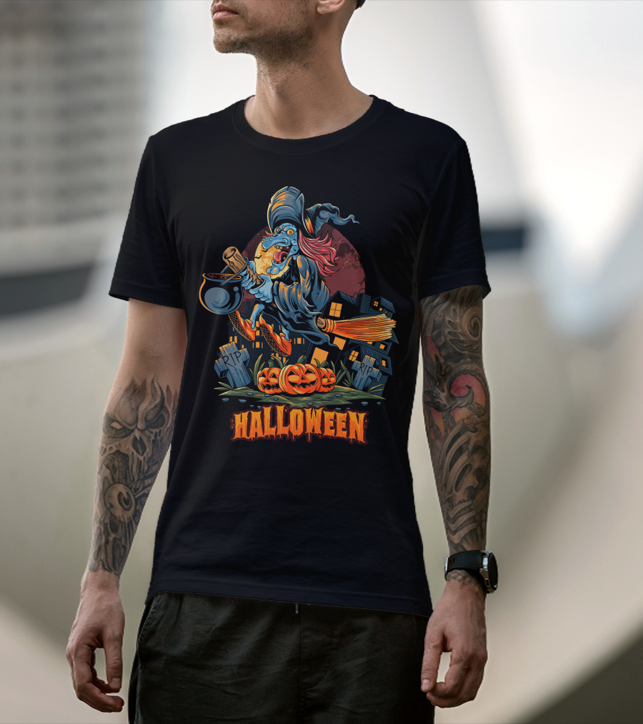 Spooky Halloween Witch Riding Broomstick With Pumpkins And Graveyard T-Shirt