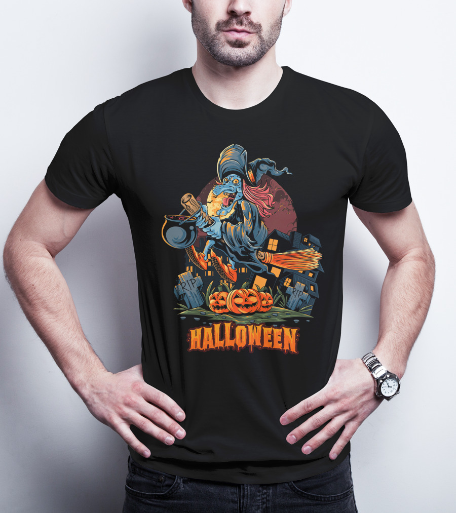 Spooky Halloween Witch Riding Broomstick With Pumpkins And Graveyard T-Shirt
