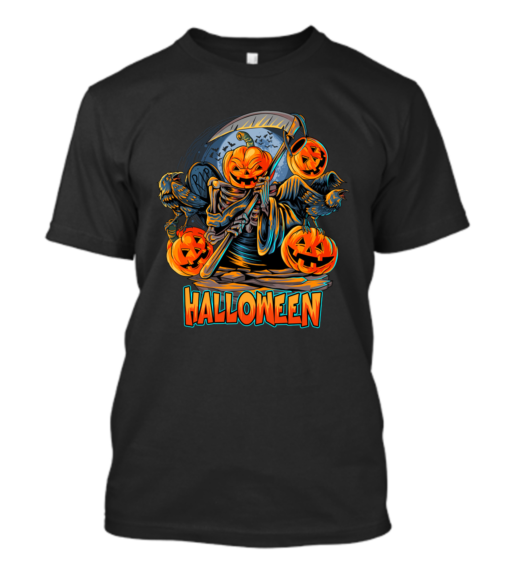 Grim Reaper Jack-O'-Lantern With Scythe And Ravens Halloween Scene T-Shirt