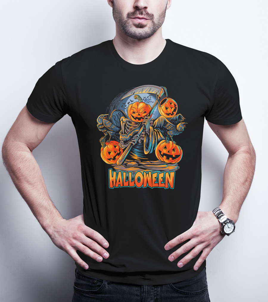 Grim Reaper Jack-O'-Lantern With Scythe And Ravens Halloween Scene T-Shirt