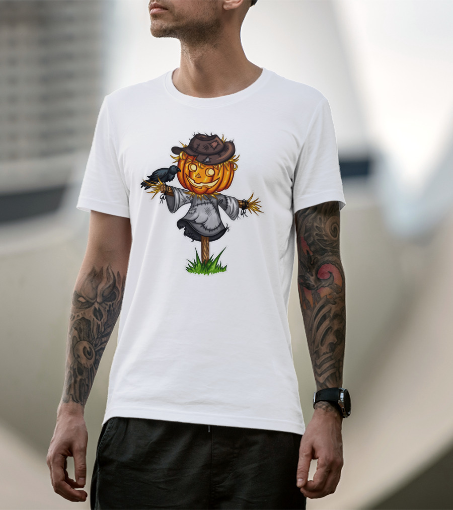 Scarecrow Halloween Pumpkin Head With Crow And Tattered Hat T-Shirt