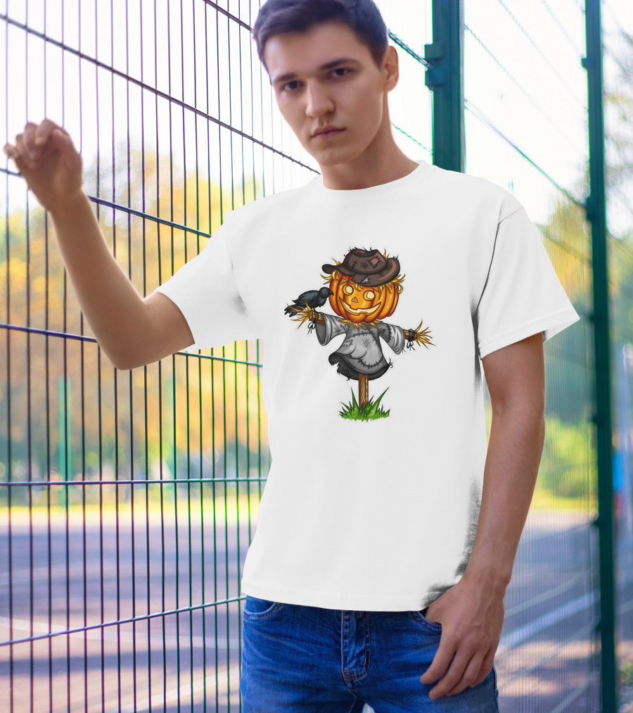 Scarecrow Halloween Pumpkin Head With Crow And Tattered Hat T-Shirt