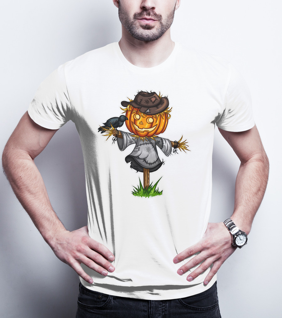 Scarecrow Halloween Pumpkin Head With Crow And Tattered Hat T-Shirt